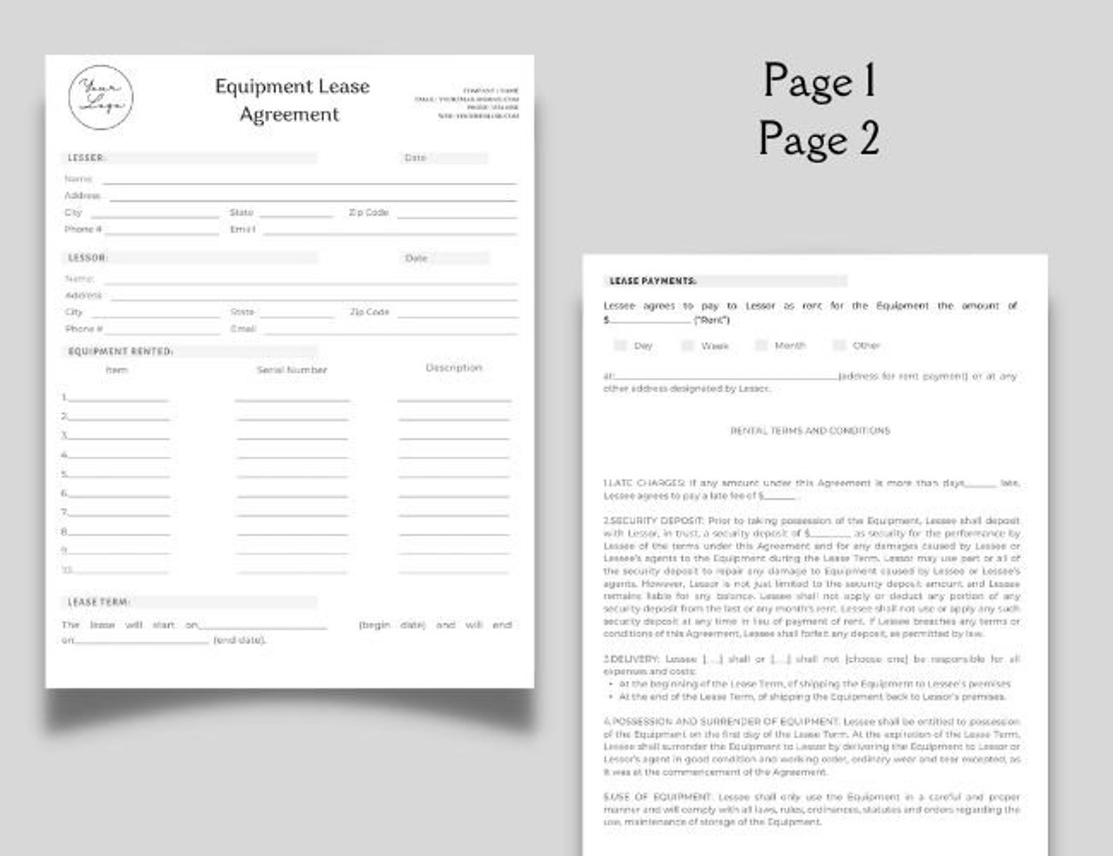 Editable and Printable Equipment Rental Contract Template, Rental ...