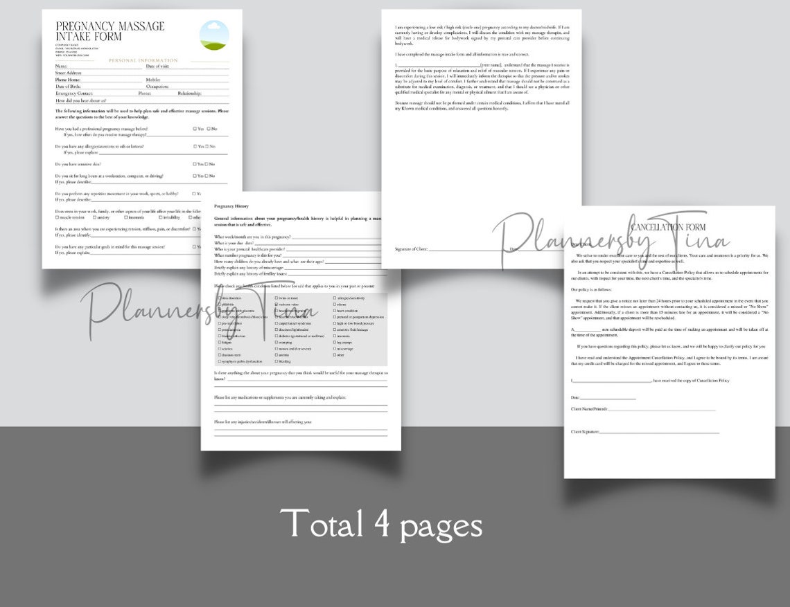 Editable and Printable Pregnancy Massage Client Intake Forms, Editable ...