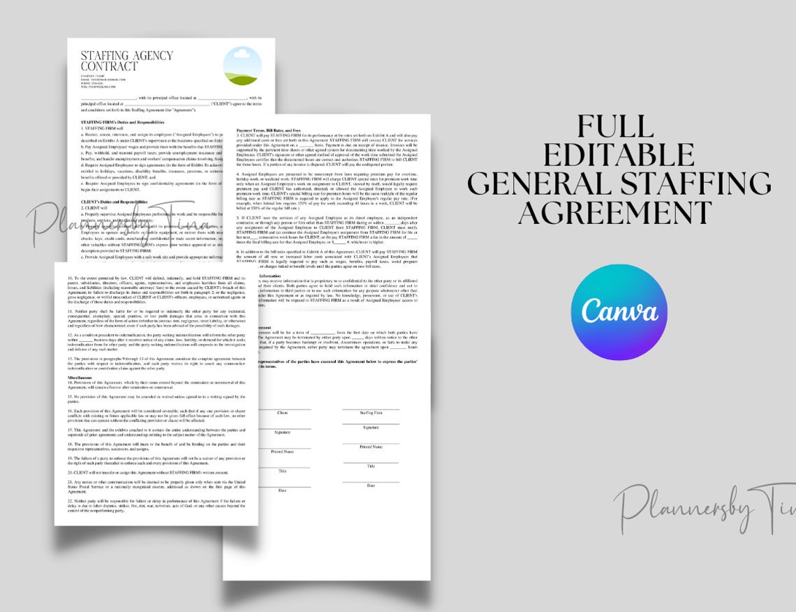 Editable and Printable Staffing Agency Contracts Template, Recruitment ...