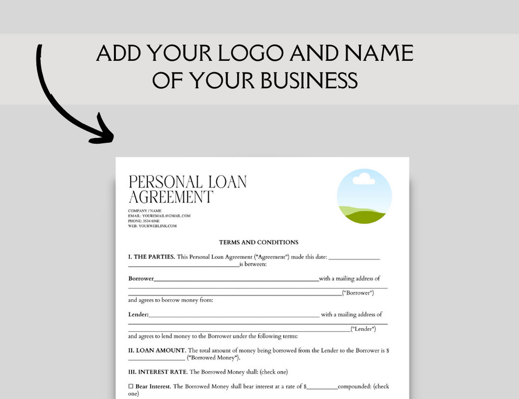 Editable and Printable Personal Loan Agreement Template, Personal Loan ...