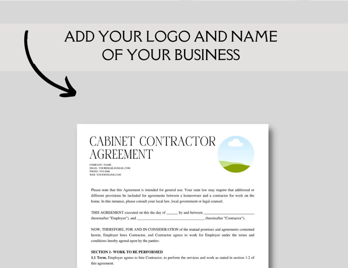 Editable Cabinet Contractor Services Agreement, Professional Cabinet ...