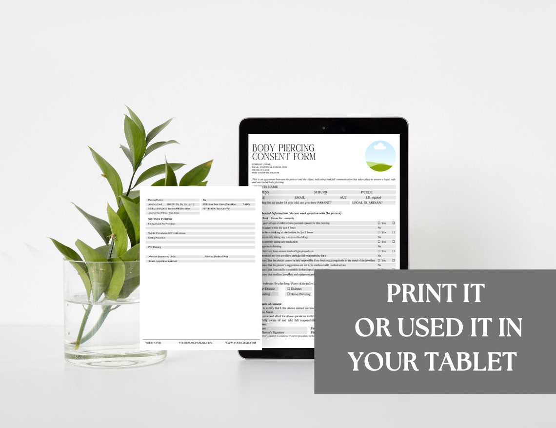 Editable and Printable Body Piercing Consent Form, Piercing Business ...