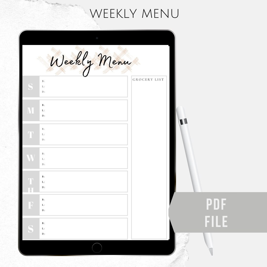 Printable Weekly Menu PDF File, Weekly Food Planner for iPad and ...