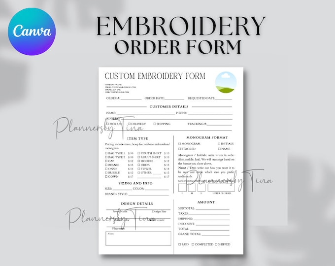 Editable and Printable Embroidery Order Form Template, Custom ...