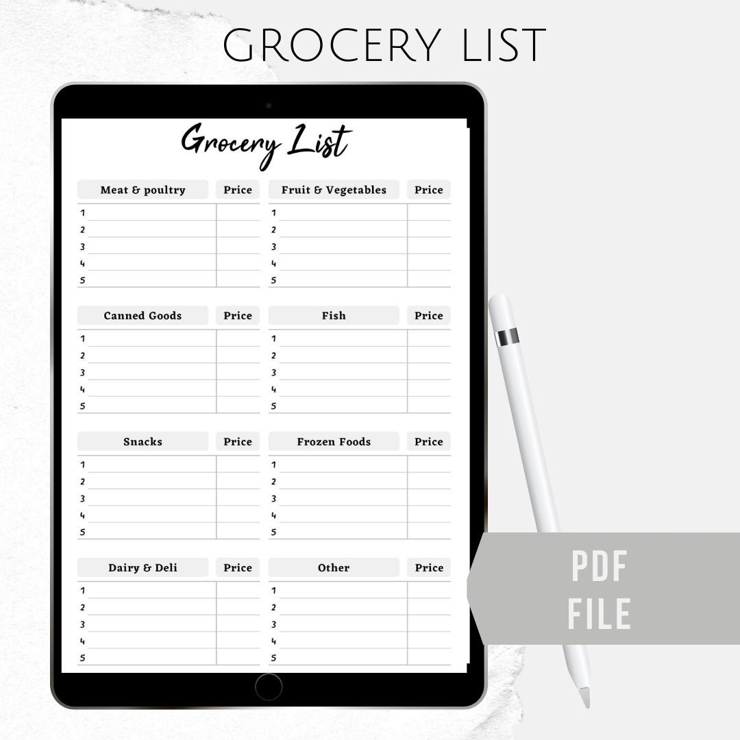 Grocery List Pdf File, Grocery Checklist Goodnotes for Tables, Instant ...