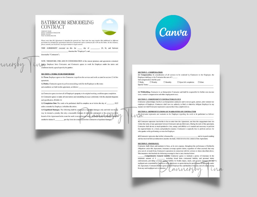Editable Bathroom Remodeling Construction Services Contract Agreement ...