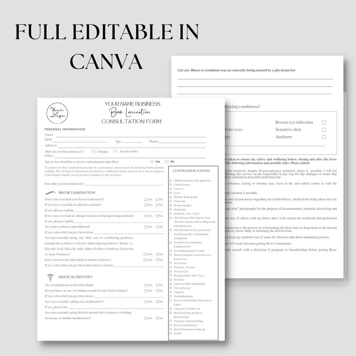 Editable Brow Lamination Template Bundle, Brow Lamination Care Cards ...