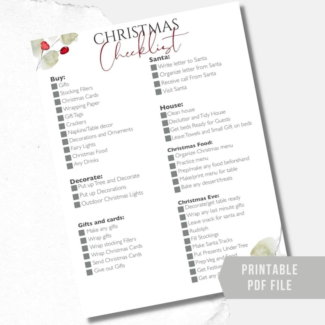 Printable PDF Christmas Checklist, Holiday to Do List Pdf, Instant ...