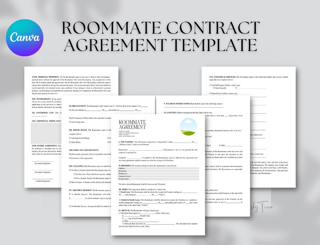 Editable and Printable Roommate Contract Agreement Form, Room Rental ...