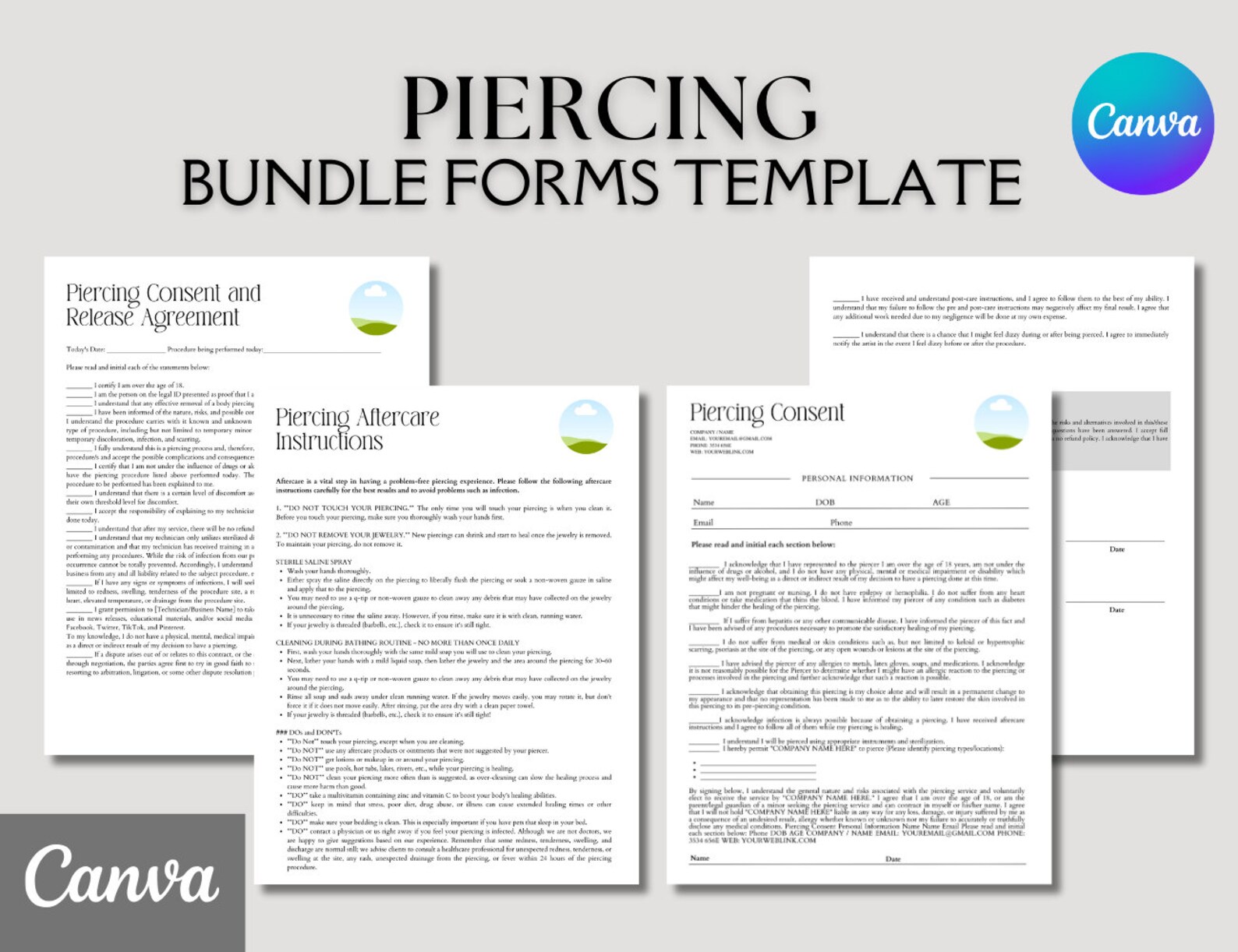 Editable and Printable Body Piercing Bundle Client Intake Form ...