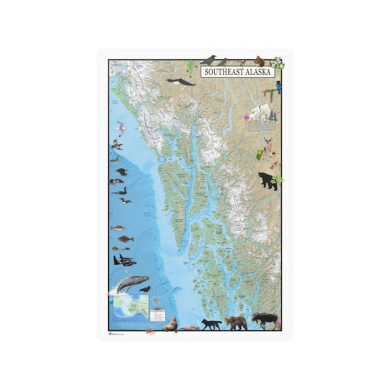 Wall Map of Southeast Alaska-inside Passage With Wildlife Paintings - Etsy
