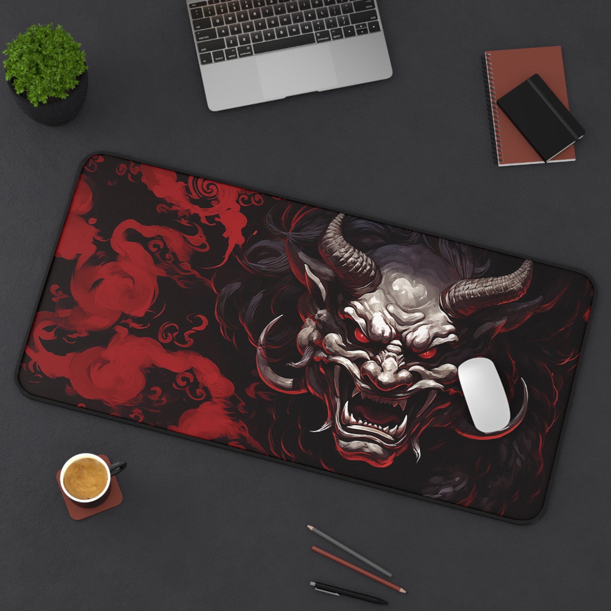 Demon Oni Mask Desk Mat Demon Creature Desk Mat Anime Mousepad Gaming ...