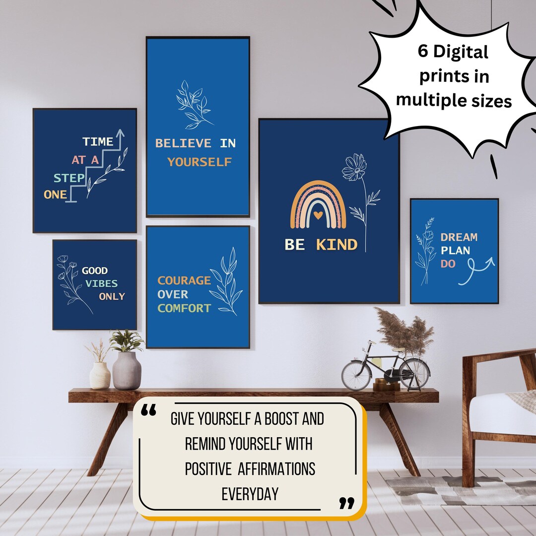 6 Motivational Quotes Wall Art Set Blue Beige Minimalist Prints JPEG ...