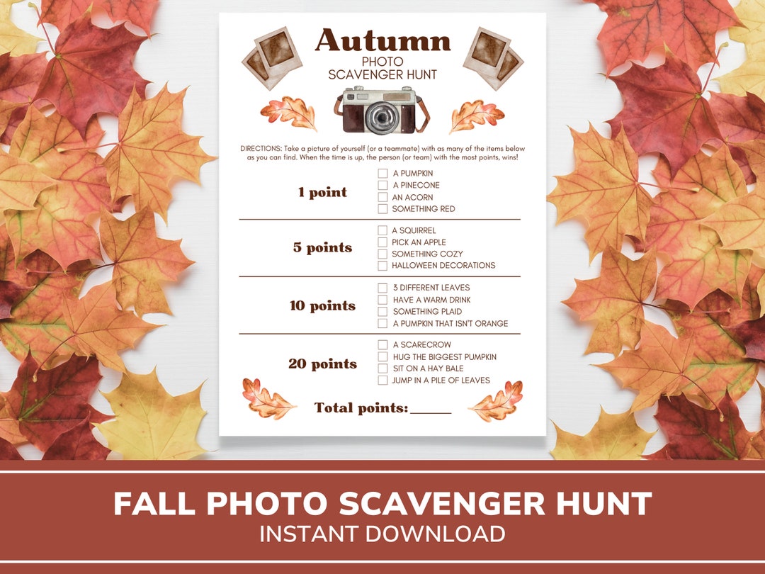 Printable Fall Autumn Photo Scavenger Hunt | Outdoor Games | Fall Games ...