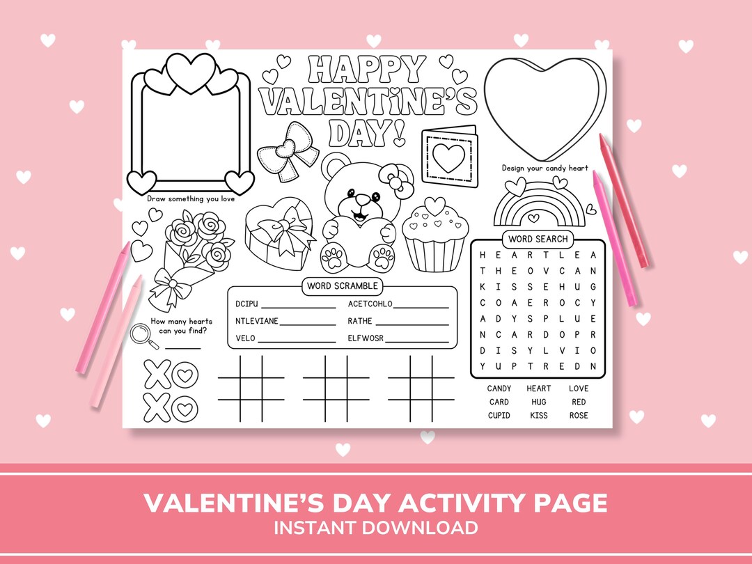 Valentines Day Coloring Activity Page | Valentine Printable Placemat ...