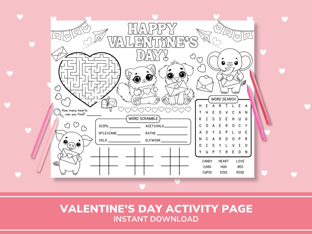 Valentines Day Coloring Activity Page | Valentine Printable Placemat ...