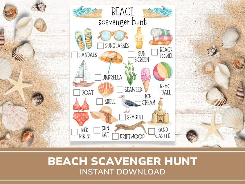 Printable Beach Scavenger Hunt Game | Kids Scavenger Hunt | Beach ...