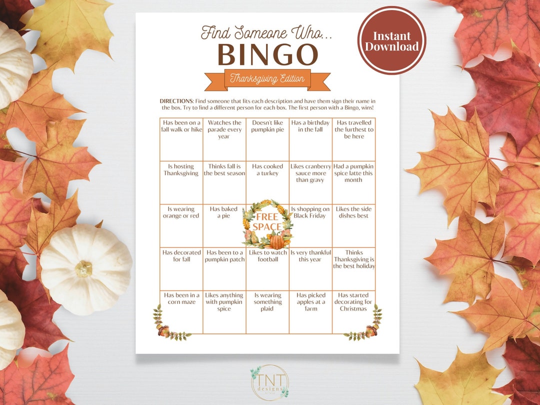 Thanksgiving Find Someone Who Bingo Printable Game | Find the Guest ...