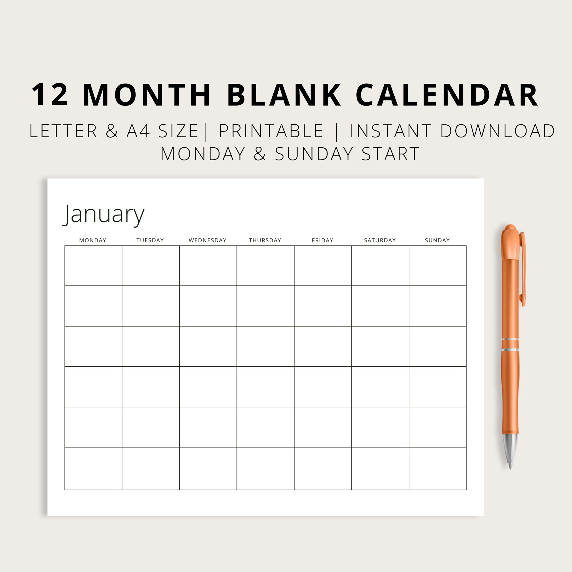 Printable Blank Calendar 12 Month Monthly Calendars Wall - Etsy