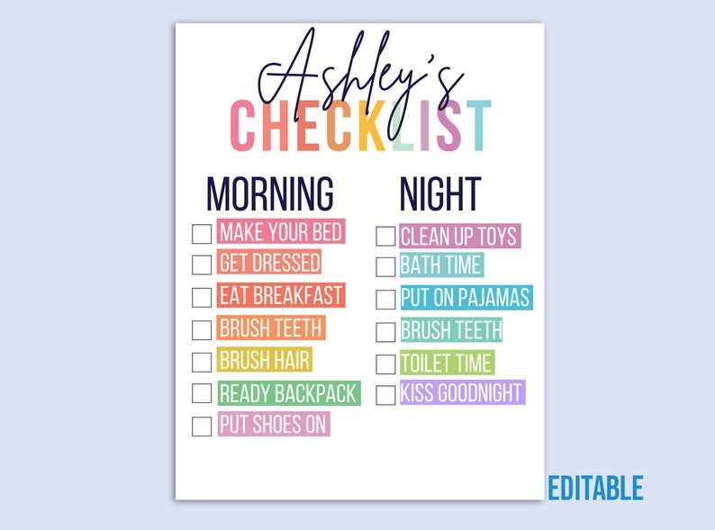 Kids Chore Chart Template, Morning Bedtime Nighttime Checklist, Kid ...