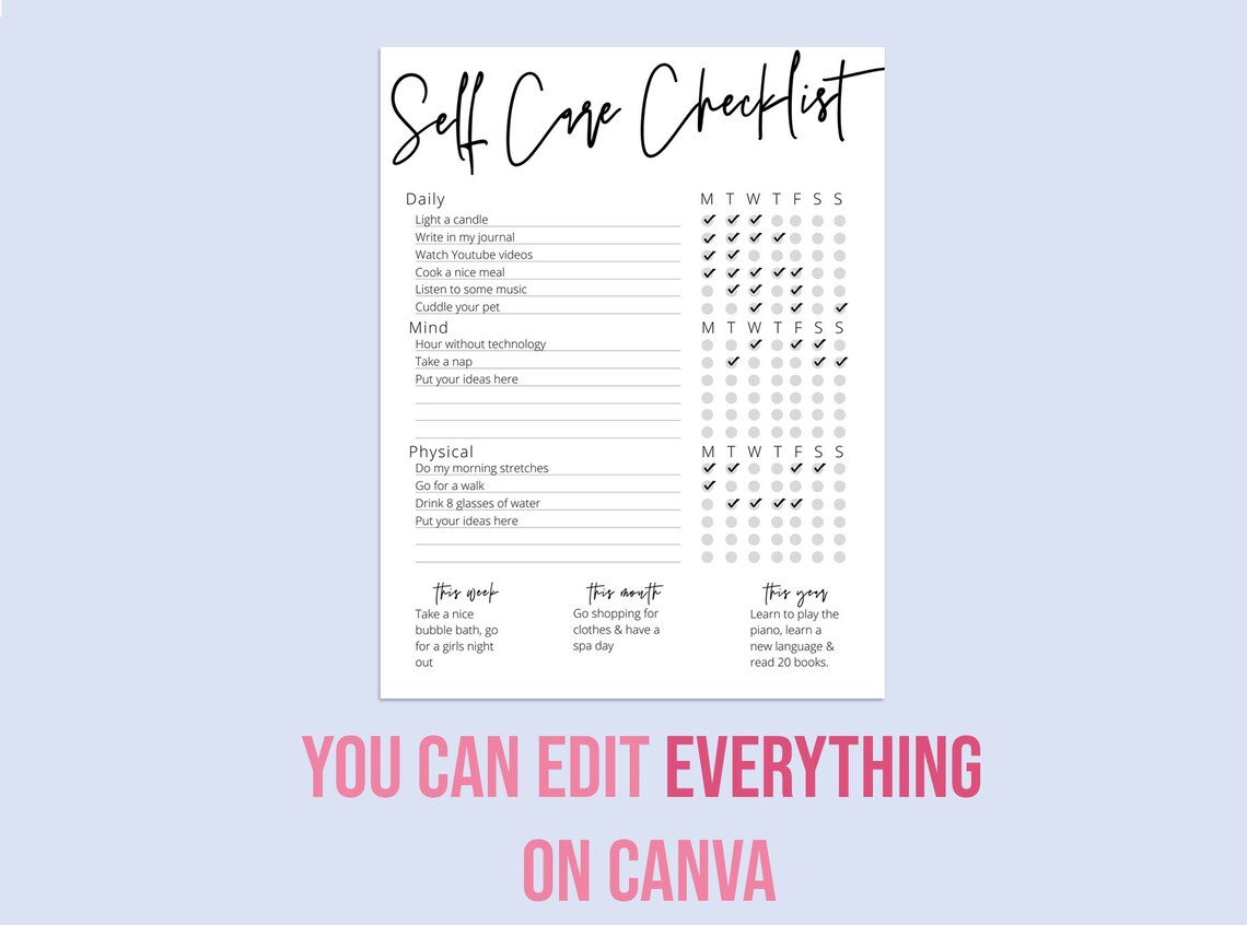EDITABLE Printable Self Care Checklist Template Wellness - Etsy