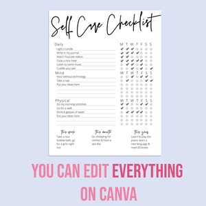 EDITABLE Printable Self Care Checklist Template | Wellness Journal ...