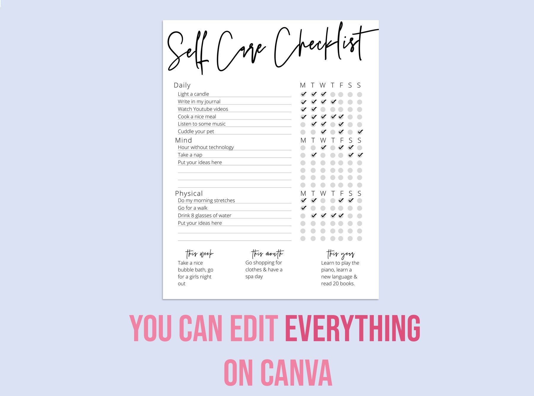 EDITABLE Printable Self Care Checklist Template Wellness - Etsy