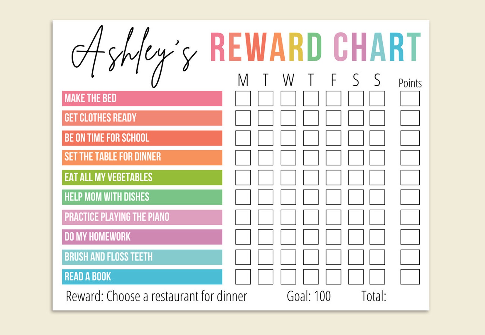 Kids Reward Chart Checklist Template, Chore Chart, Kid Responsibility ...