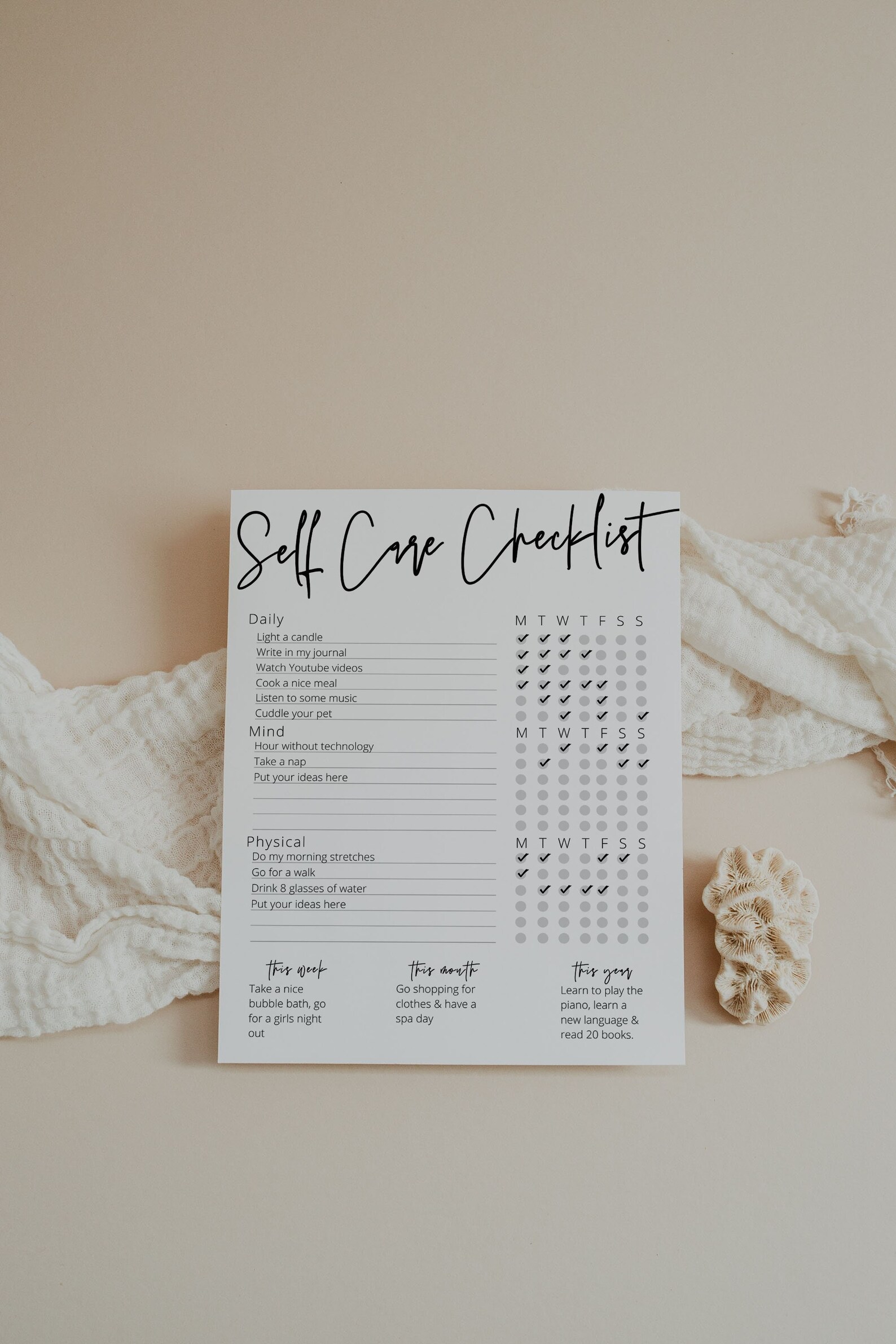 EDITABLE Printable Self Care Checklist Template Wellness - Etsy