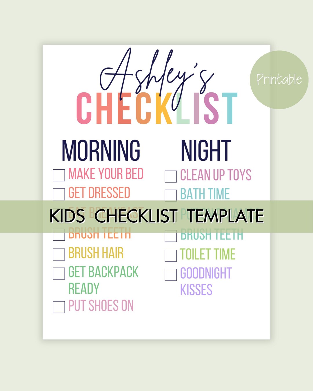 Kids Checklist Template, Morning Bedtime Nighttime Checklist, Chore ...