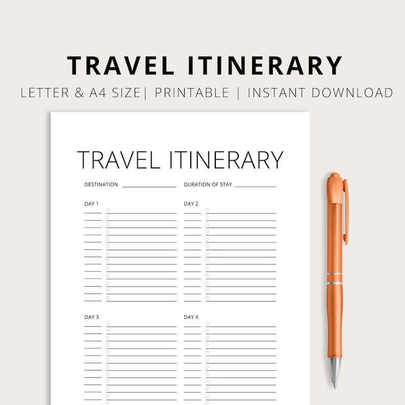 Printable Travel Itinerary 4 Day Planner Checklist - Etsy