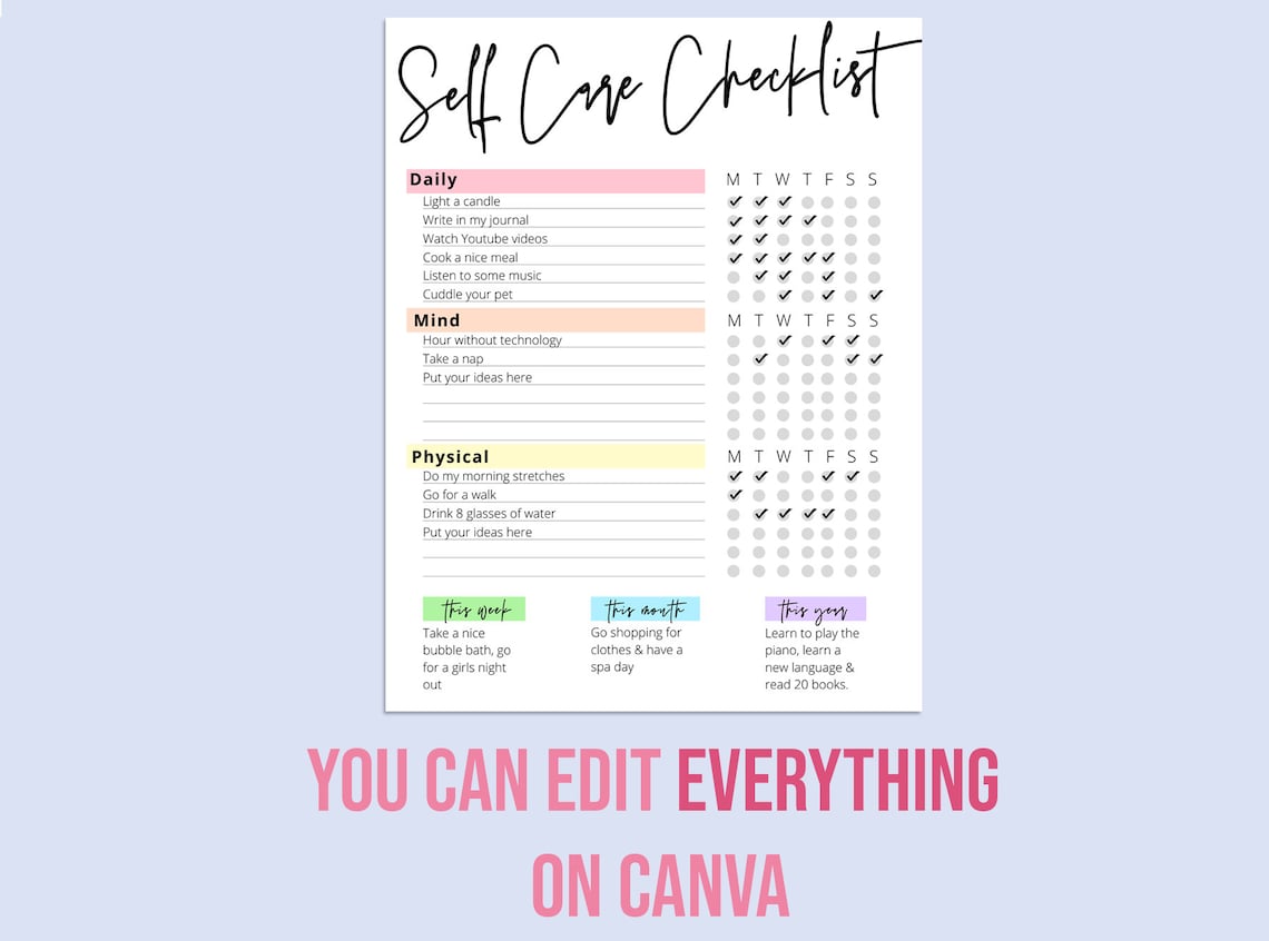Self Care Checklist Template Wellness Journal Tracker | Etsy