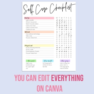 Self Care Checklist Template, Wellness Journal Tracker Planner, Mental ...