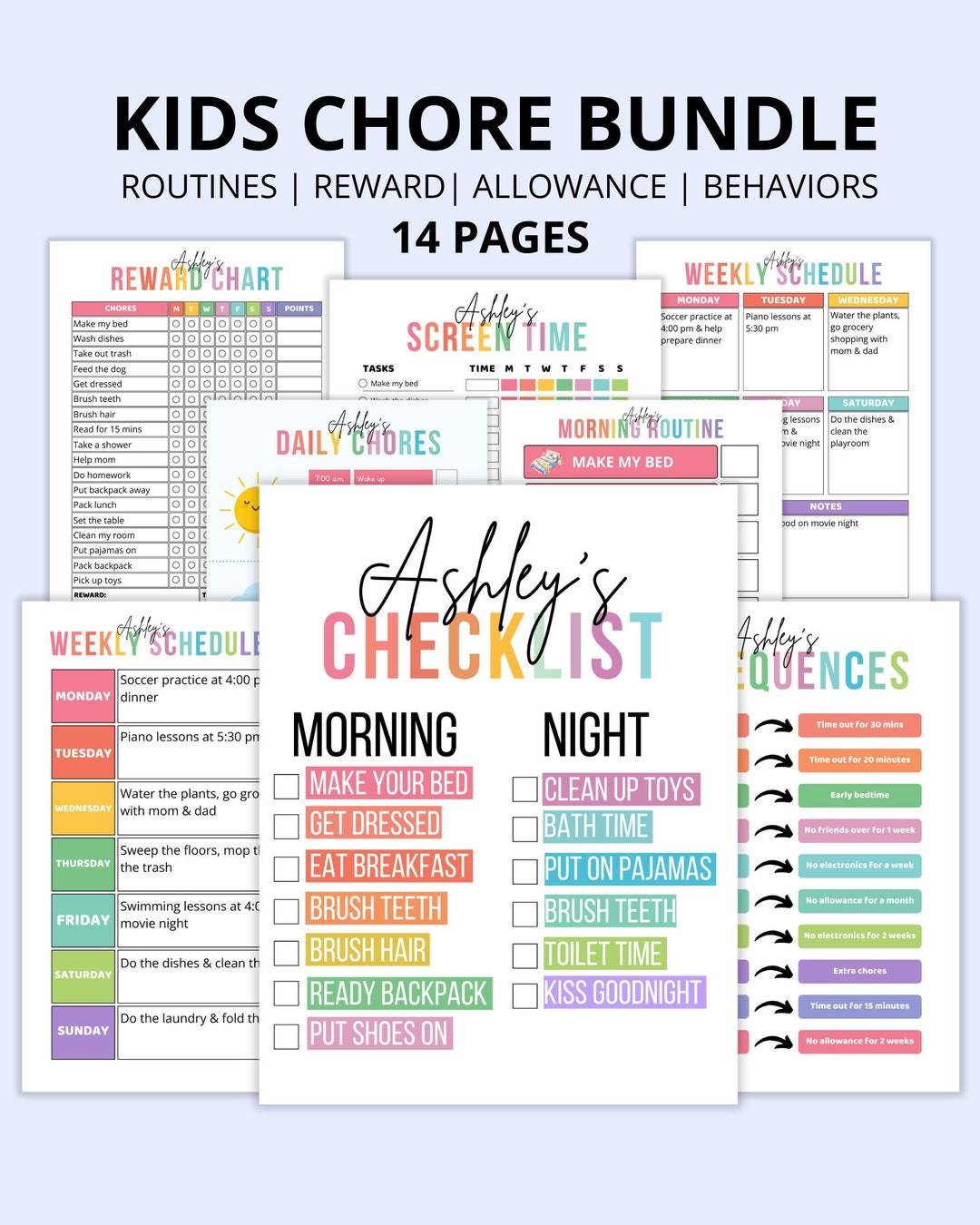 Editable Kids Chore Chart Bundle, School, Reward, Allowance, Daily ...