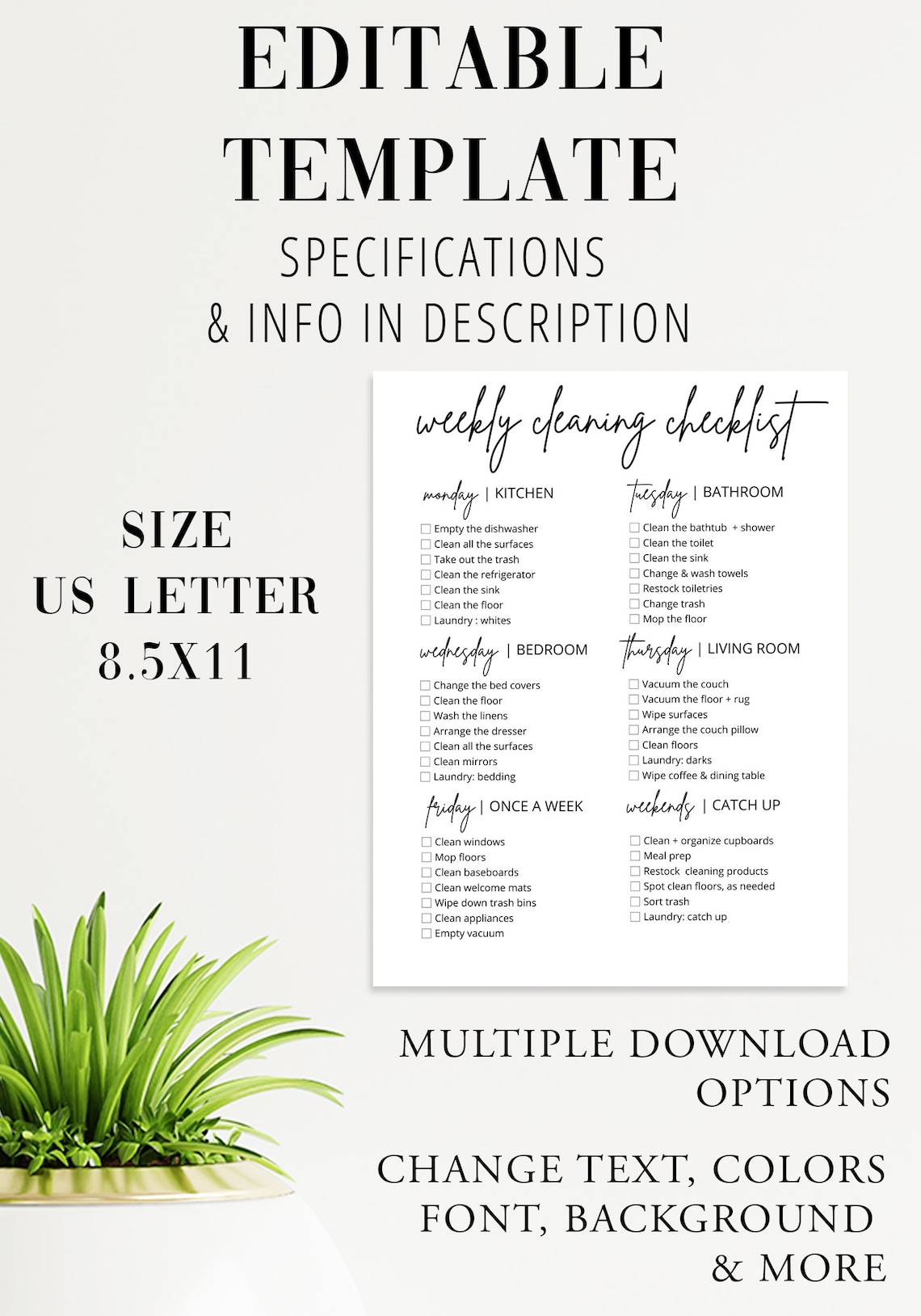 Editable Weekly Cleaning Schedule Template Cleaning - Etsy
