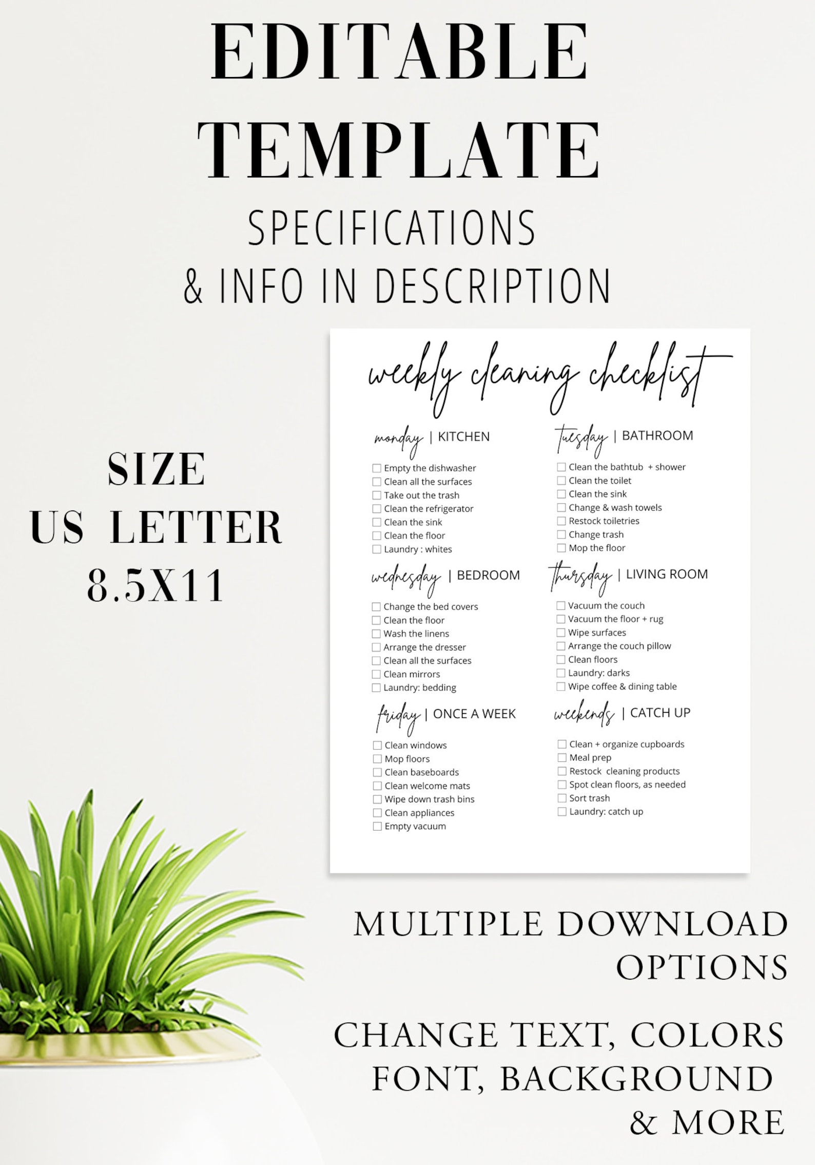 Editable Weekly Cleaning Schedule Template, Cleaning Checklist, Daily ...