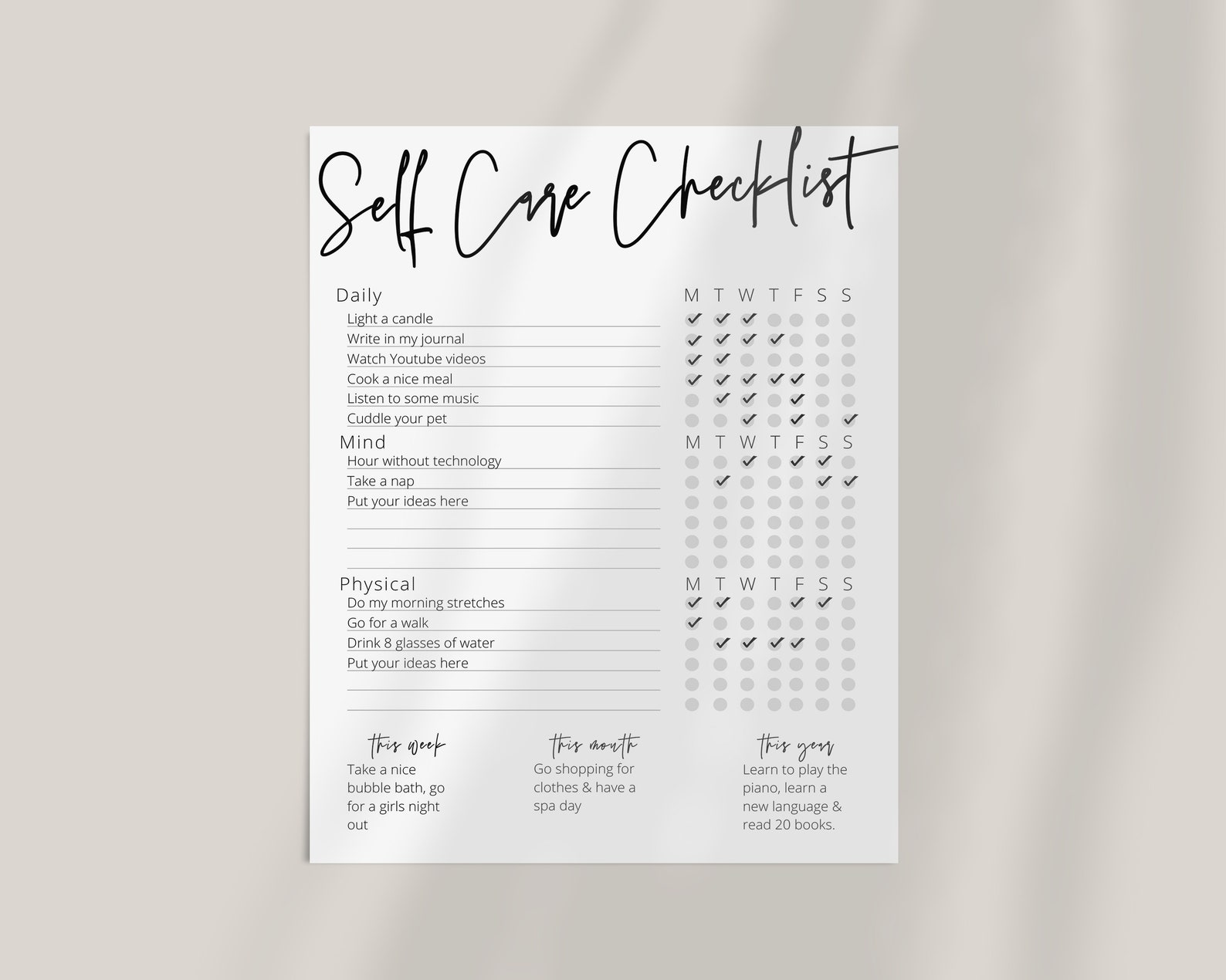 EDITABLE Printable Self Care Checklist Template Wellness - Etsy