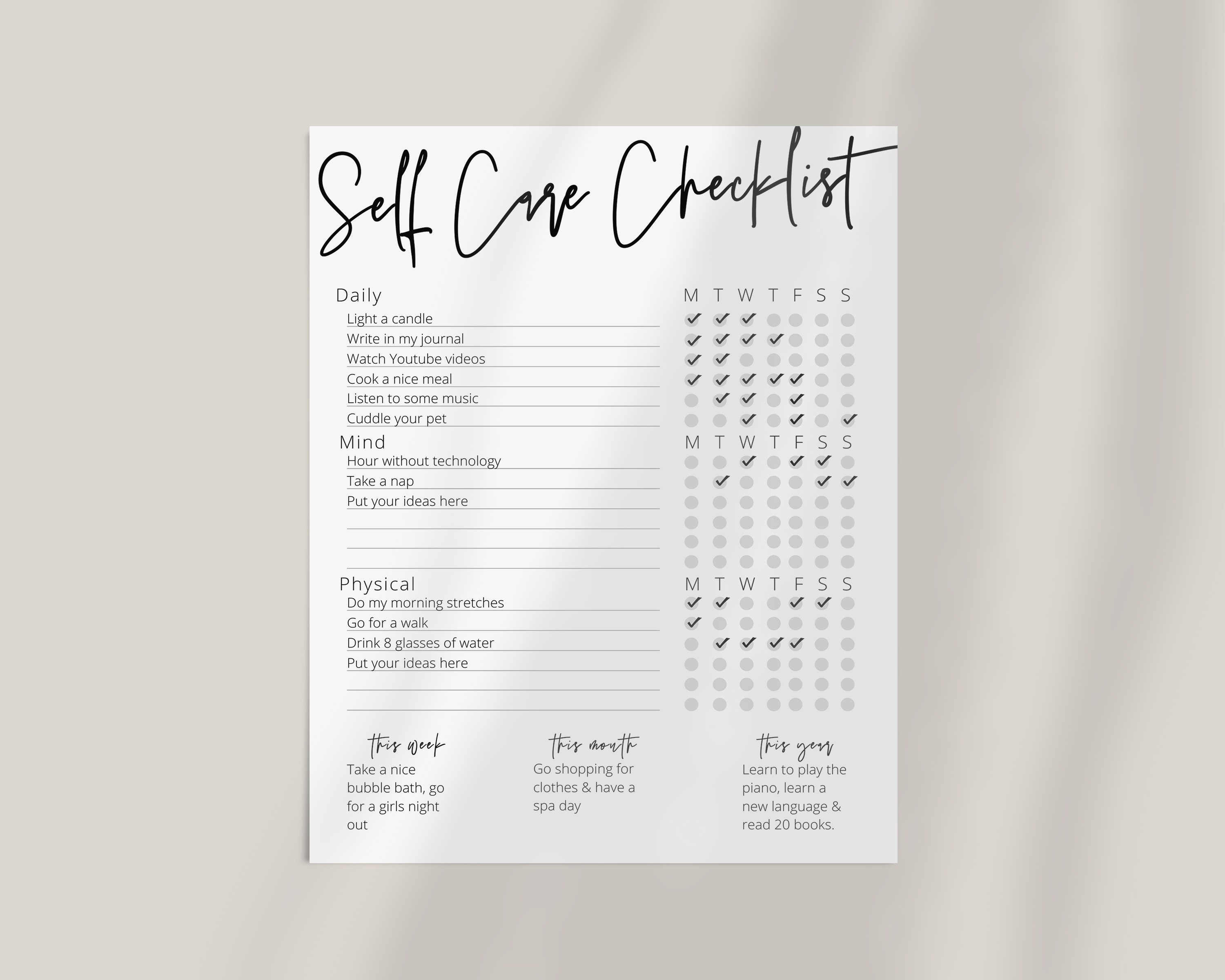 EDITABLE Printable Self Care Checklist Template Wellness - Etsy