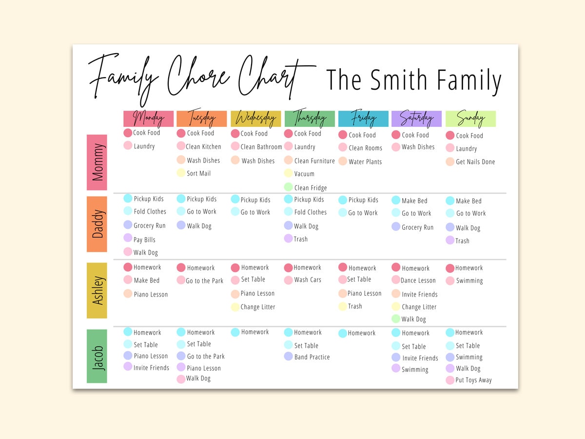 Family Chore Chart, Weekly Planner, Schedule, Calendar, Kids Adults ...
