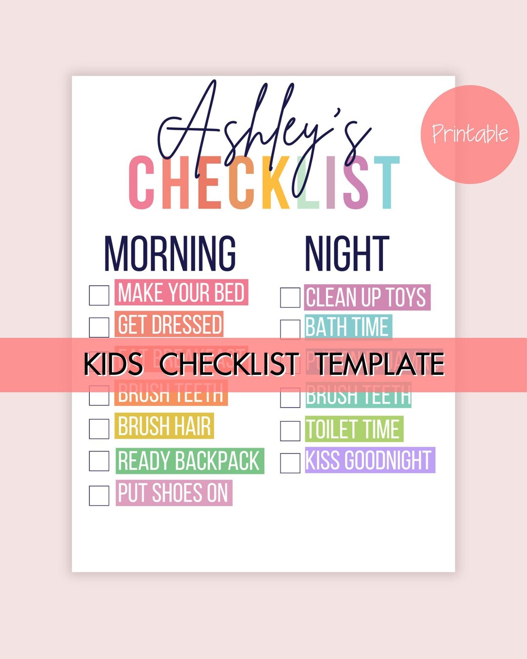 Kids Chore Chart Template, Morning Bedtime Nighttime Checklist, Kid ...