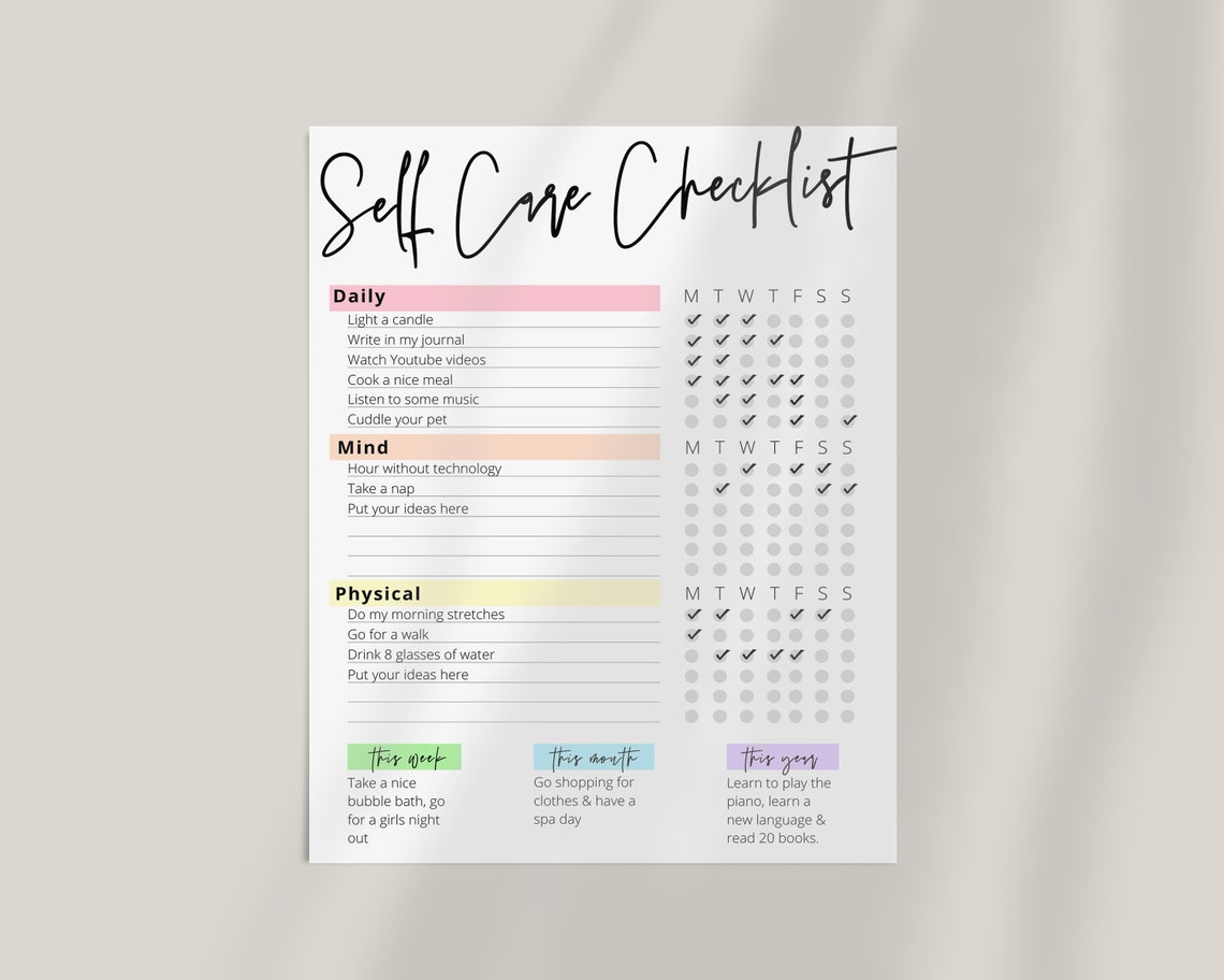 Self Care Checklist Template Wellness Journal Tracker | Etsy