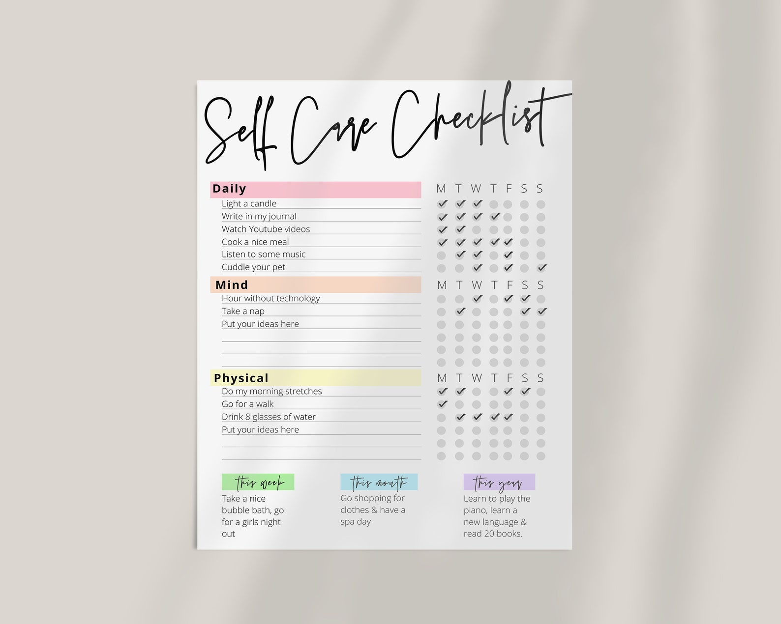 Self Care Checklist Template Wellness Journal Tracker | Etsy