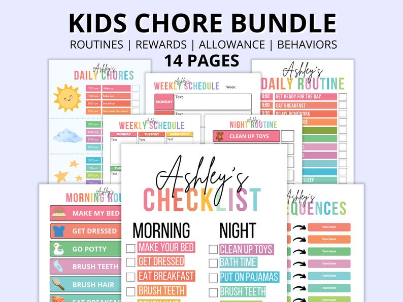 Editable Kids Chore Chart Bundle, School, Reward, Allowance, Daily ...