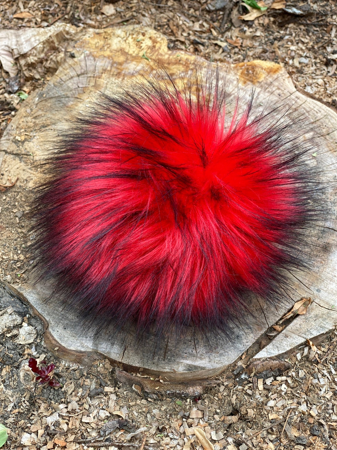 Red Faux Fur Pom With Wispy Black Tips/luxury Pom/dense Long Pile Faux ...