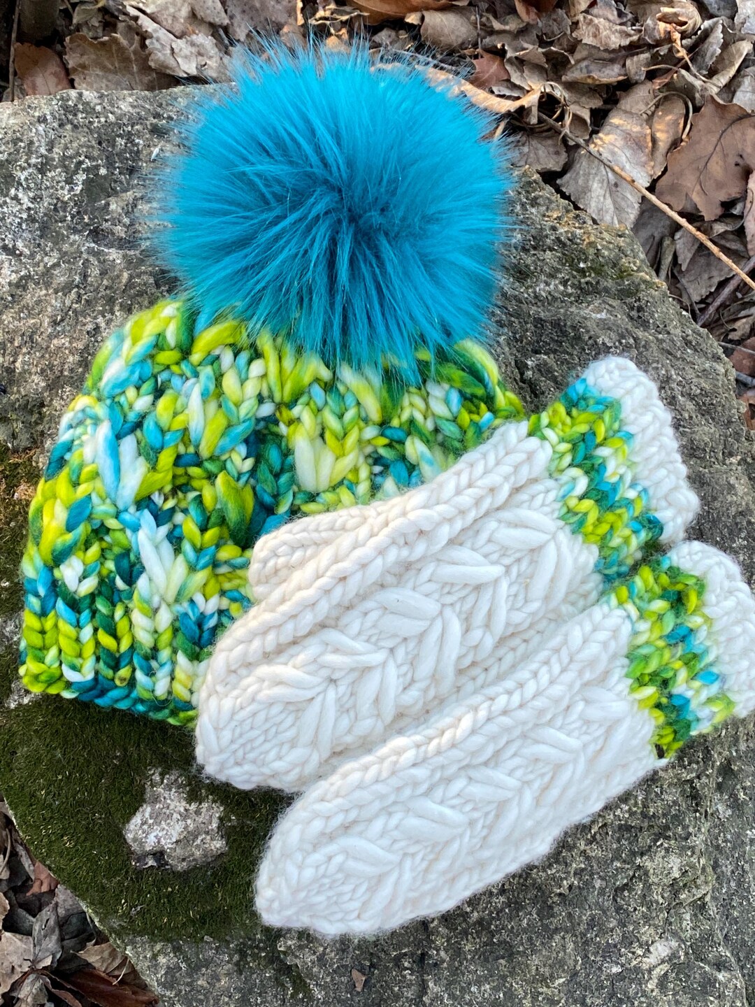 Multi-color and Cream Handknit Women and Teen Hat and Mitten Set/hat ...