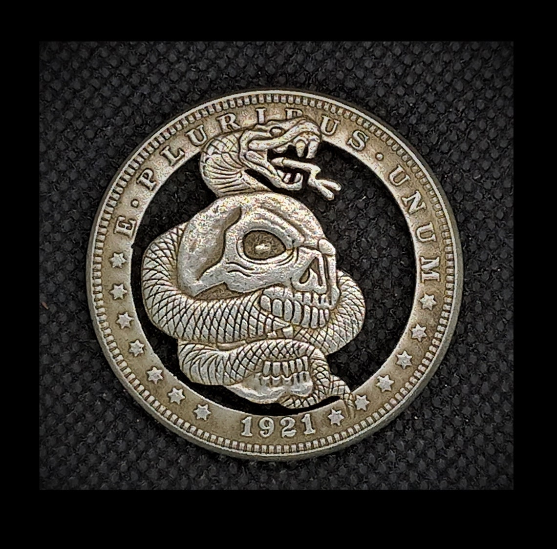 Hand Cut Snake and Skull Viper Voodoo Witchcraft Hobo Coin Cutting ...