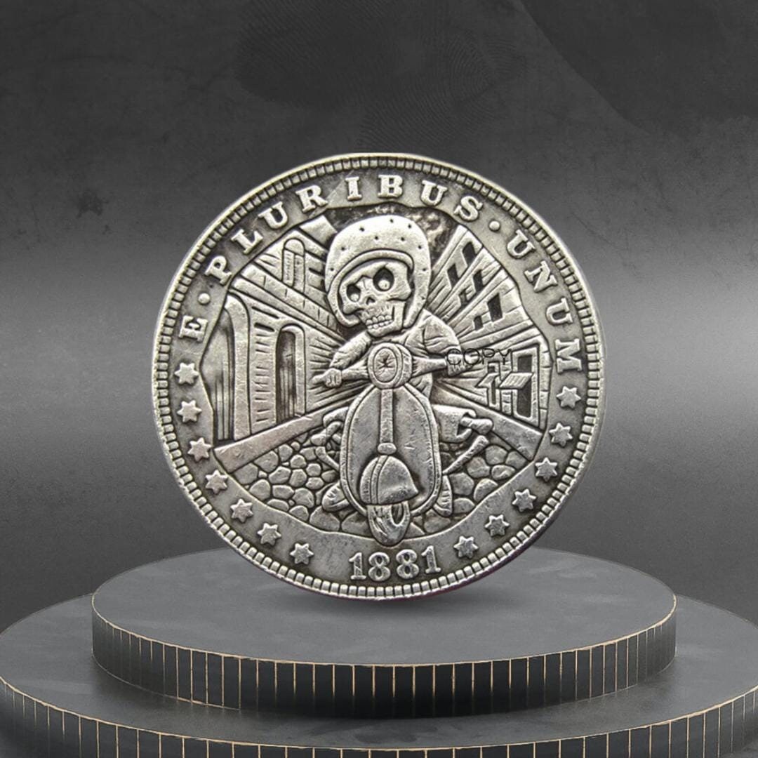 Hobo Coin Skeleton Riding A Motorbike Through A City American Custom ...