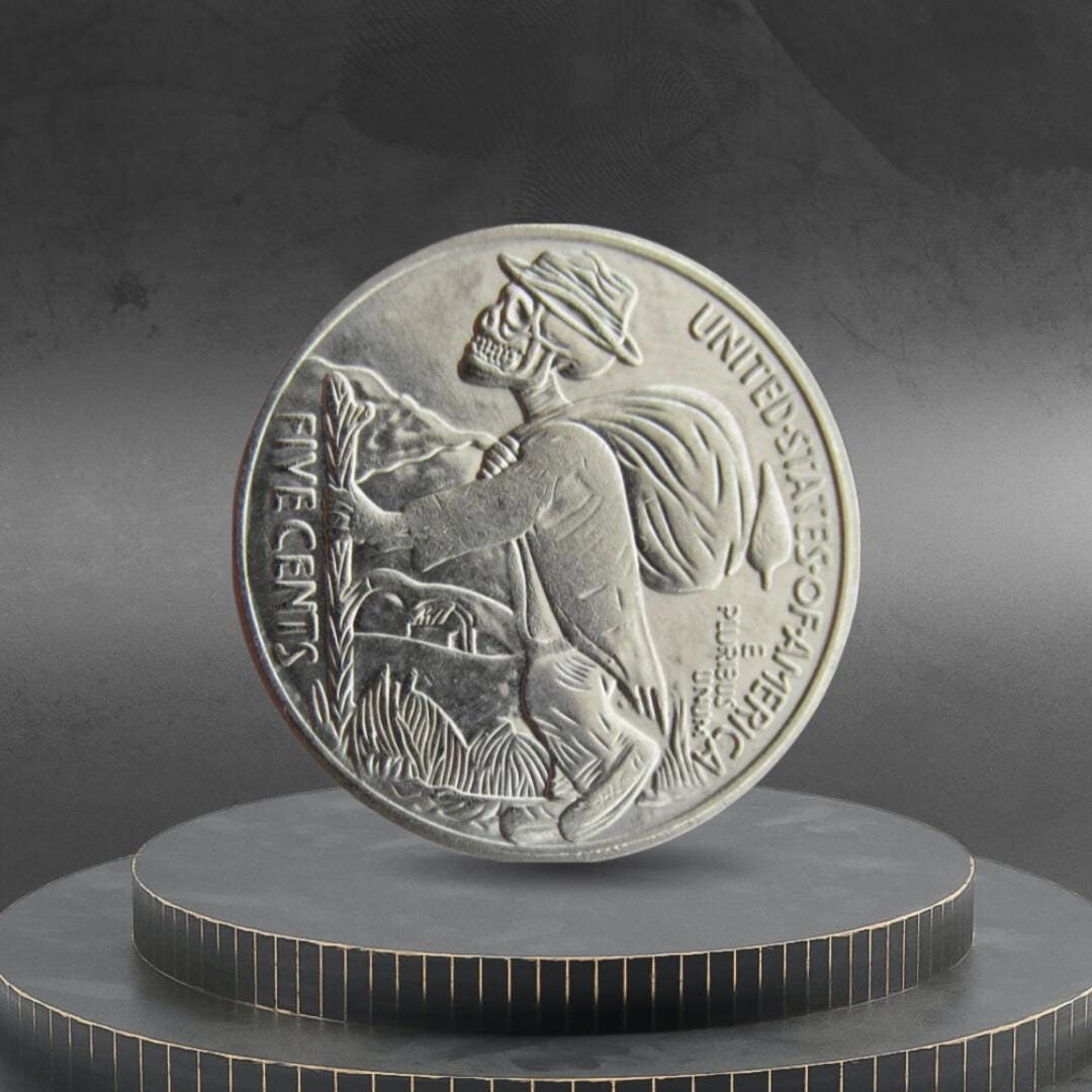 Hobo Coin Skull Homeless Man Walking With Bag Goth Art American Custom ...