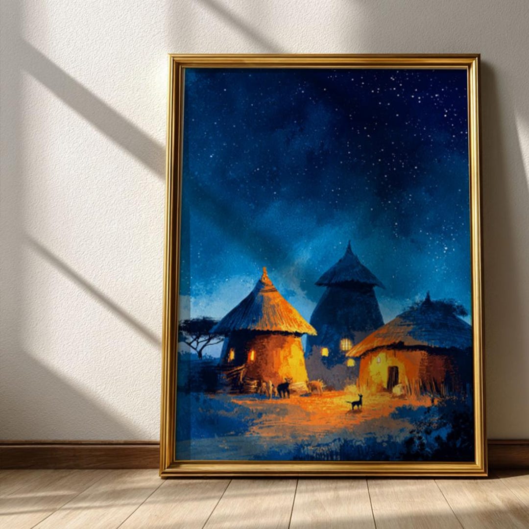 African Village Night Scene Art Print – Rustic Landscape, Warm Glow ...