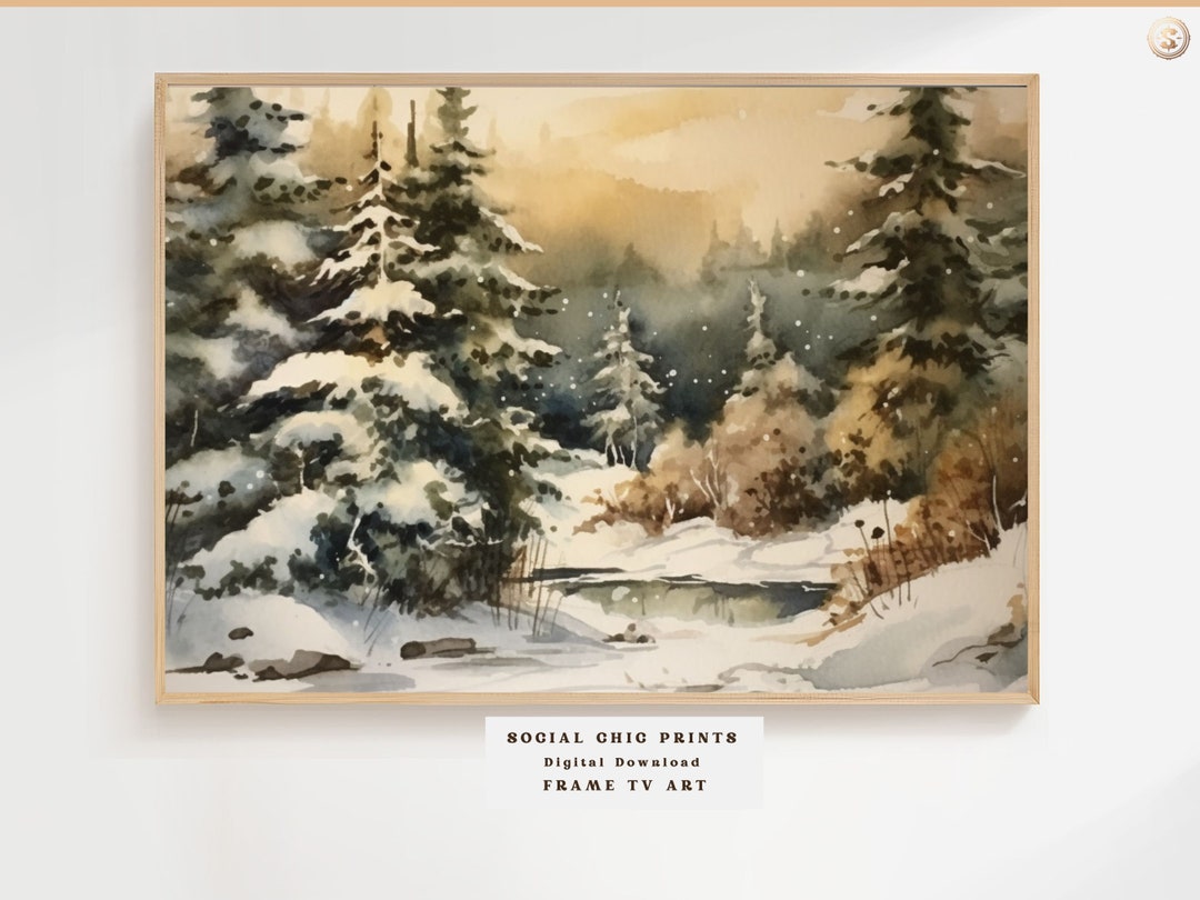 Frame TV Art Winter Forest Neutral Scene Christmas Trees Art ...